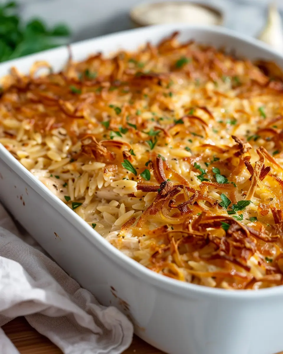 french onion chicken orzo casserole